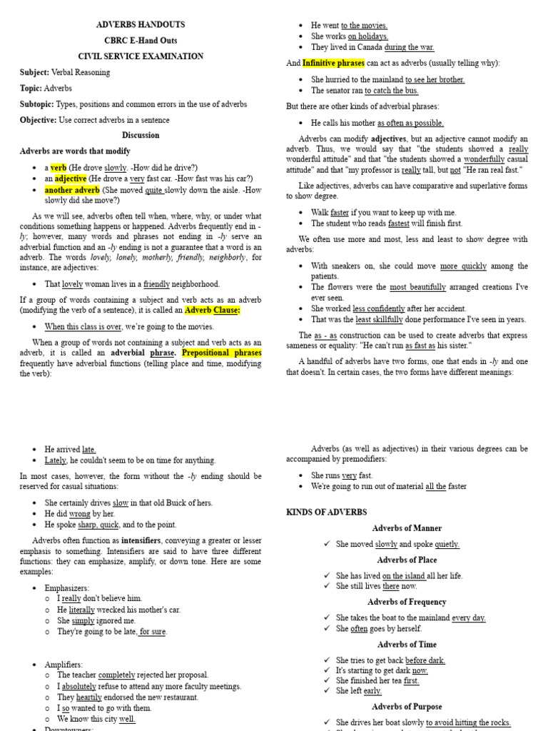 Adverbs Handouts | PDF | Adverb | Verb