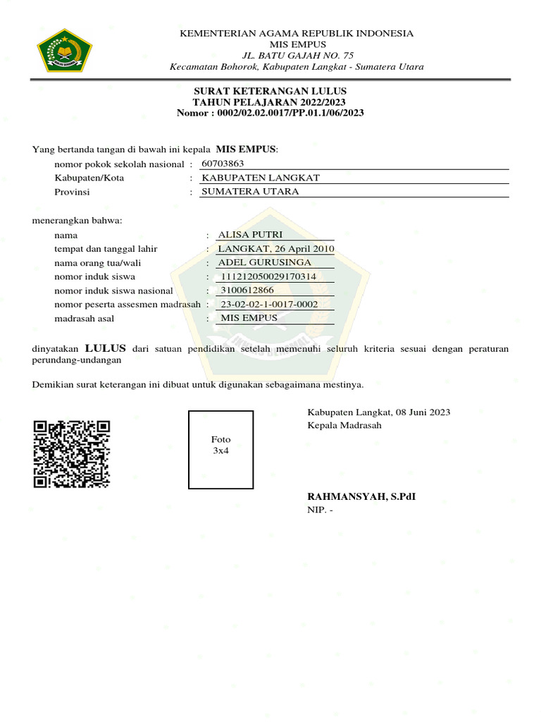 Surat Kelulusan Alisa Putri | PDF