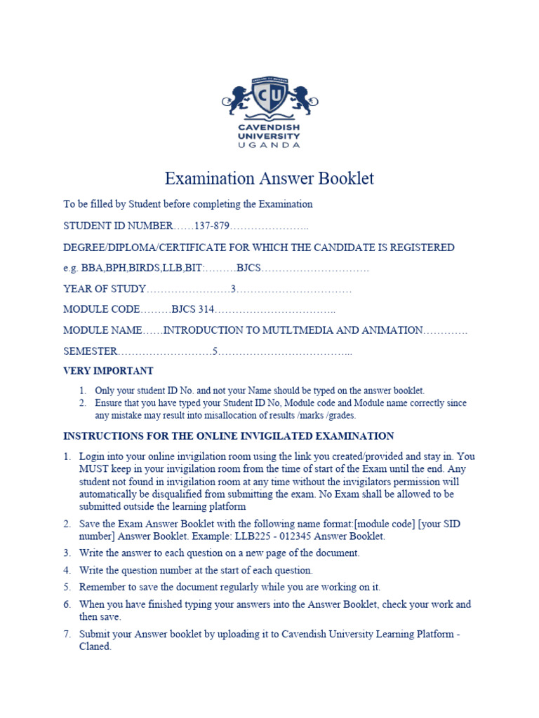 Examination Answer Booklet: Instructions For The Online Invigilated ...