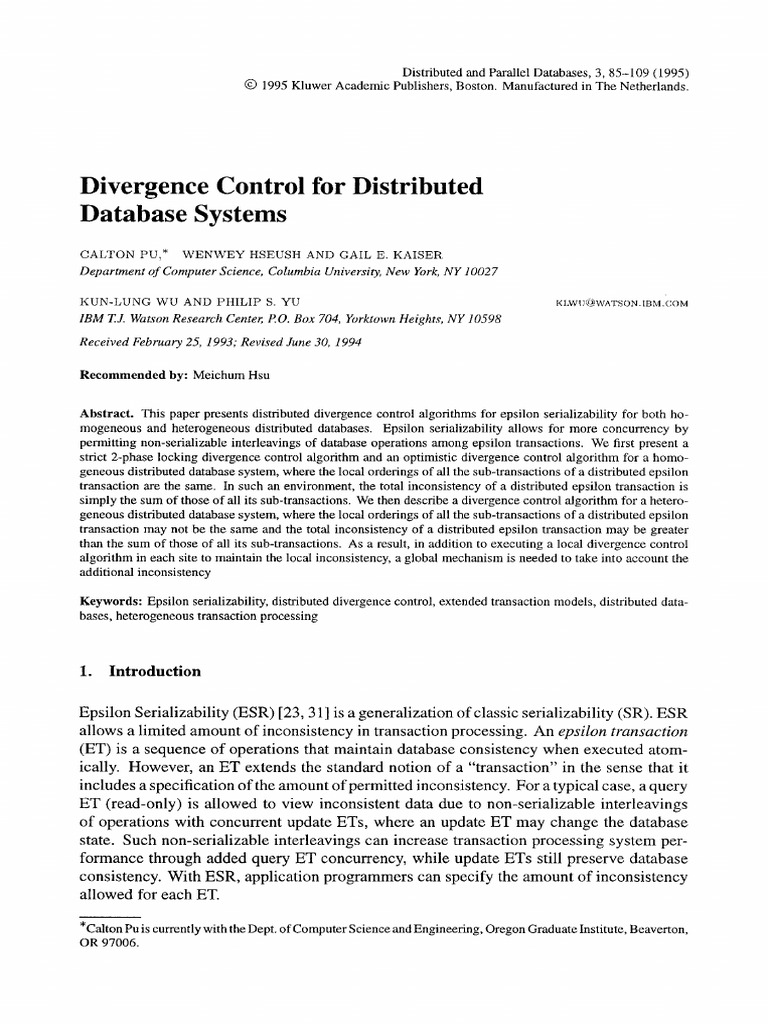 Divergence Control For Distributed Database Systems | PDF | Database Transaction | Computing