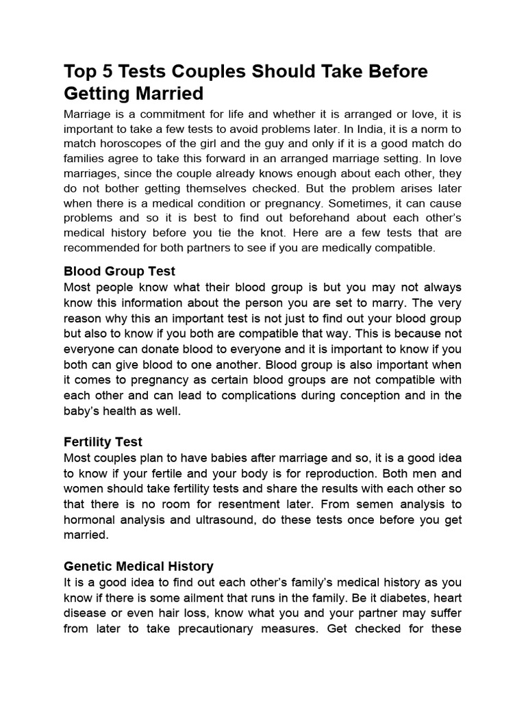Essential Pre-Marriage Tests for Couples | PDF | Pregnancy | Marriage