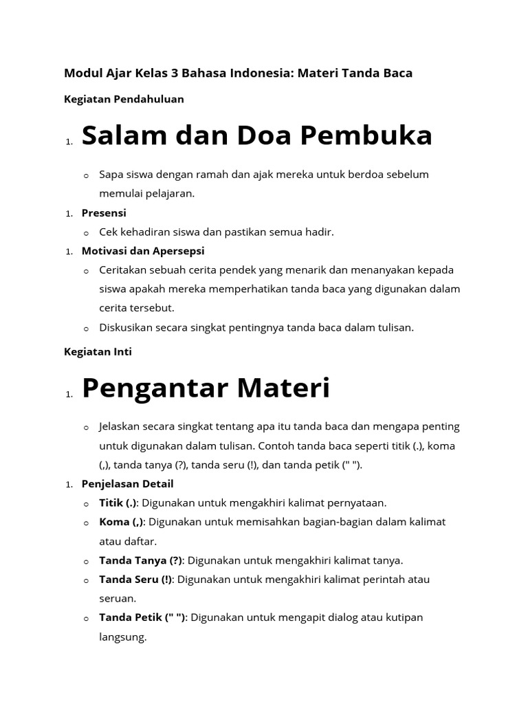 Modul Ajar Kelas 3 Bahasa Indonesia Materi Tanda Baca | PDF