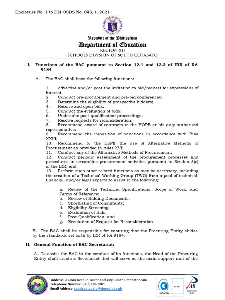 Enclosure No. 1 To DM OSDS No. 048 S. 2021 Functions of The BAC BAC ...