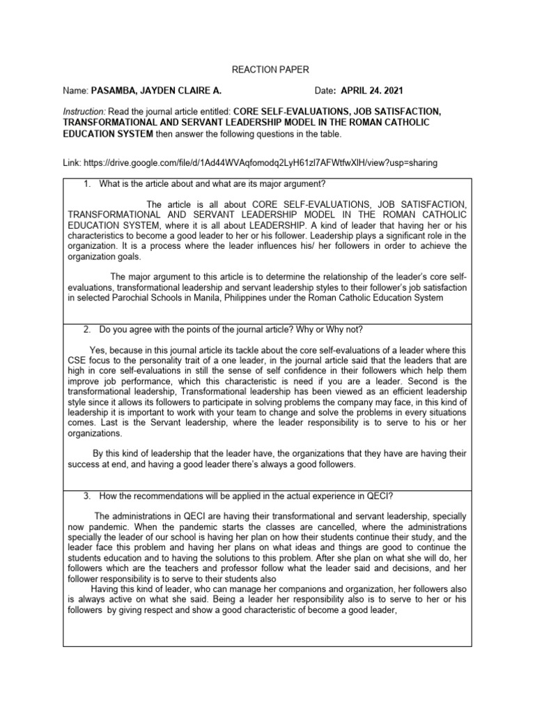 Pasamba Jayden Claire A.-Reaction-Paper-1-Pec-Ftc3 | PDF | Leadership ...