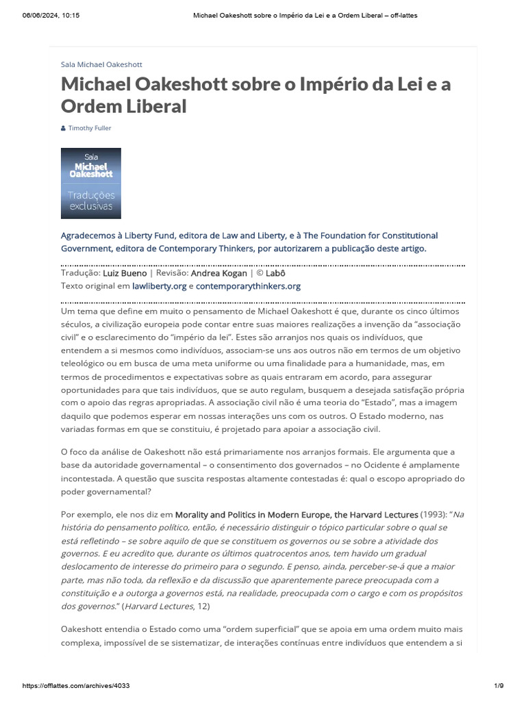 Michael Oakeshott Sobre o Império Da Lei e A Ordem Liberal - Off-Lattes ...