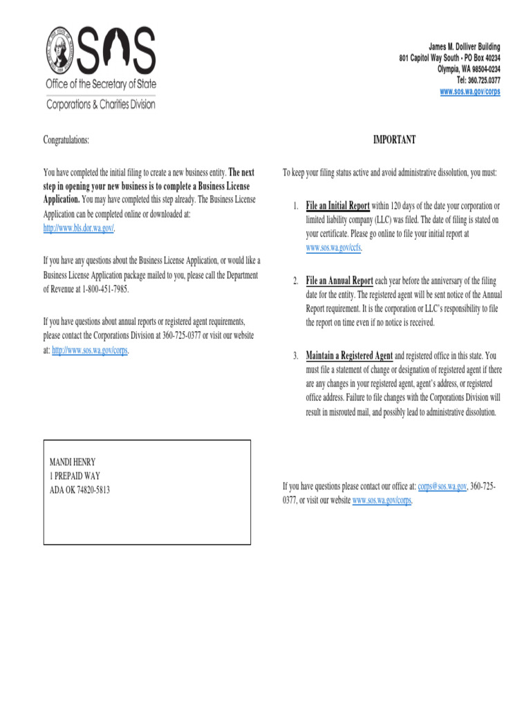 FilingCorrespondence CongratulationLetter | PDF | Registered Agent ...
