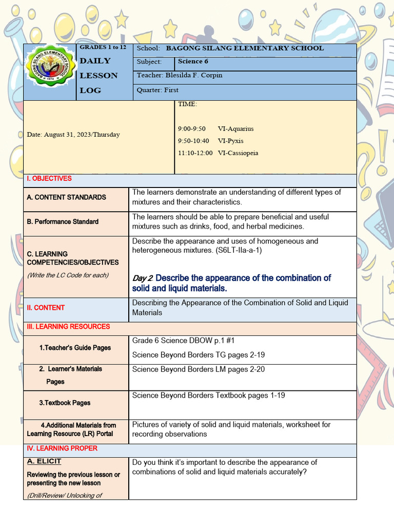 August 31 Lesson Plan | PDF | Mixture | Learning