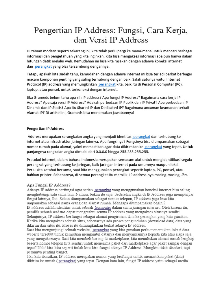 Pengertian dan Fungsi IP Address | PDF