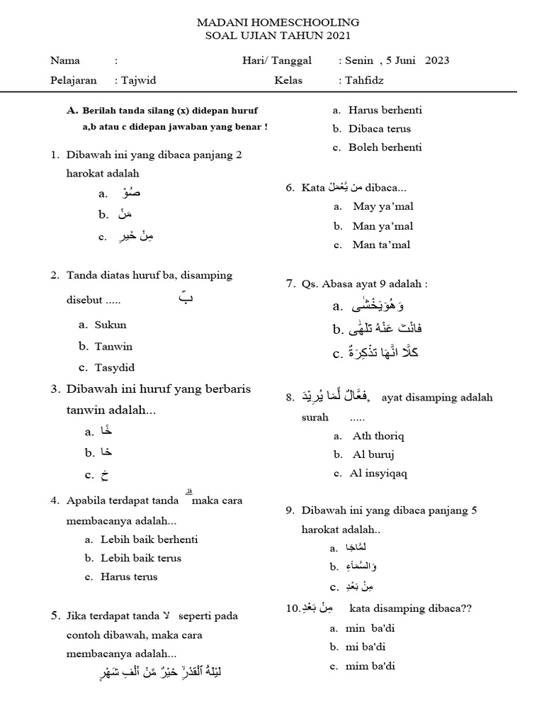 Soal Tajwid Kelas Tahfidz | PDF