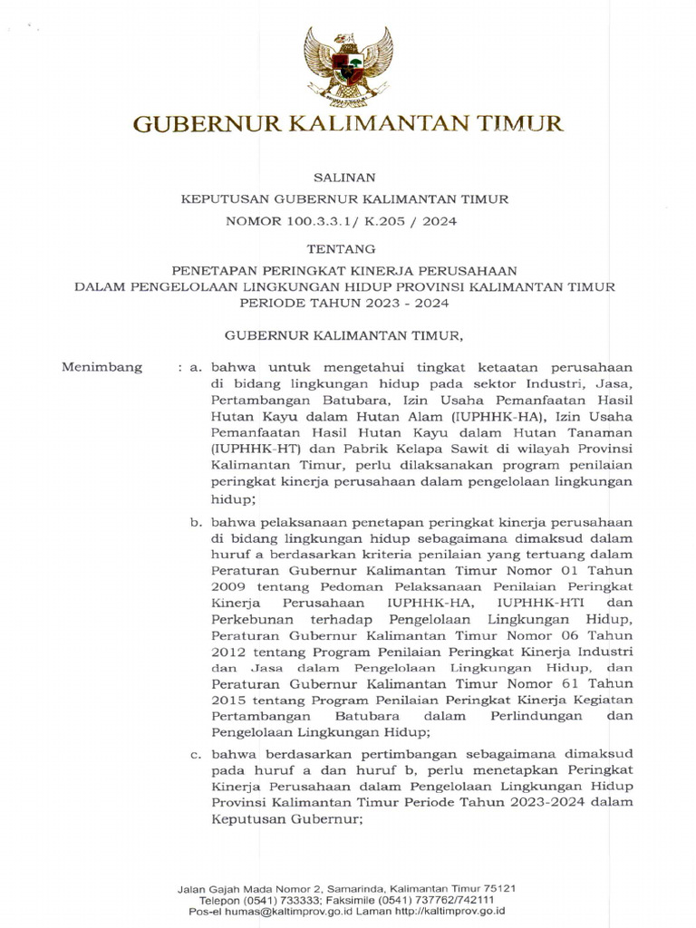 SK Gubernur Kalimantan Timur - Penetapan Peringkat PROPER Peride 2023-2024 | PDF