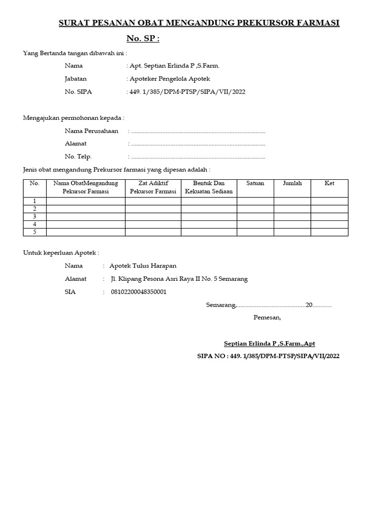 SURAT PESANAN OBAT MENGANDUNG PREKURSOR FARMASI - Salin | PDF | Memasak ...
