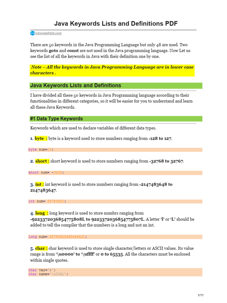 Java Keyowrds Lists and Definitions | PDF | Control Flow | Reserved Word Java Keyowrds Lists and Definitions | PDF | Control Flow | Reserved Word