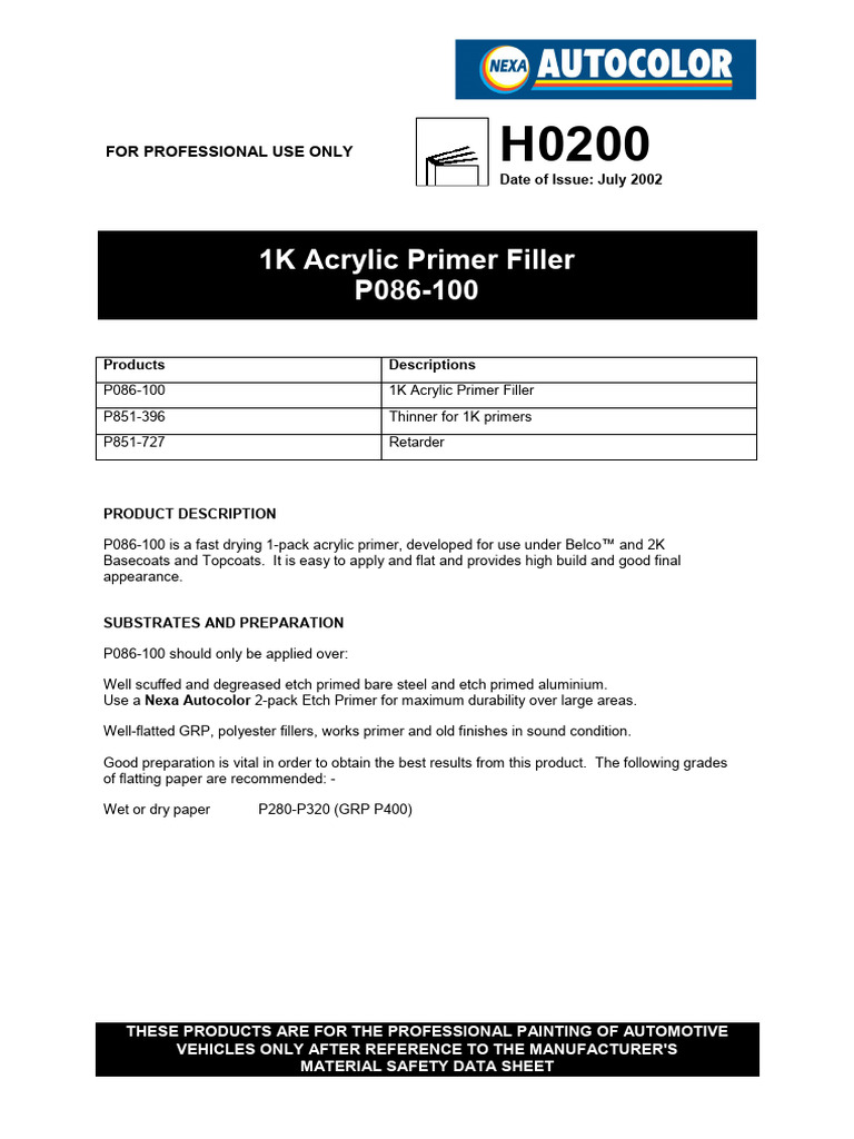 Tds Nexa p086 100 1k Acrylic Primer Filler | PDF | Acrylic Paint ...