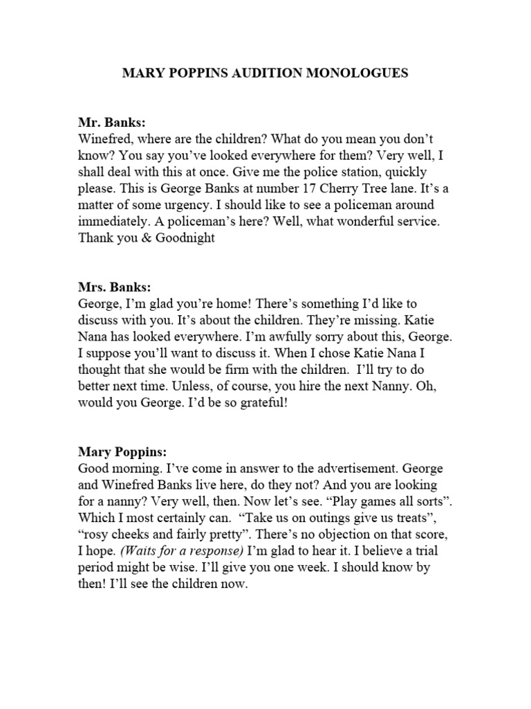 Mary Poppins Audition Monologues | PDF