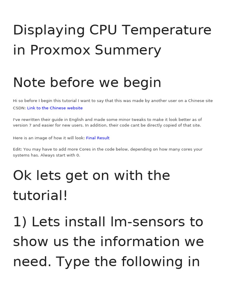 Displaying Cpu Temperature in Proxmox Summery | PDF | Software Engineering | Computing