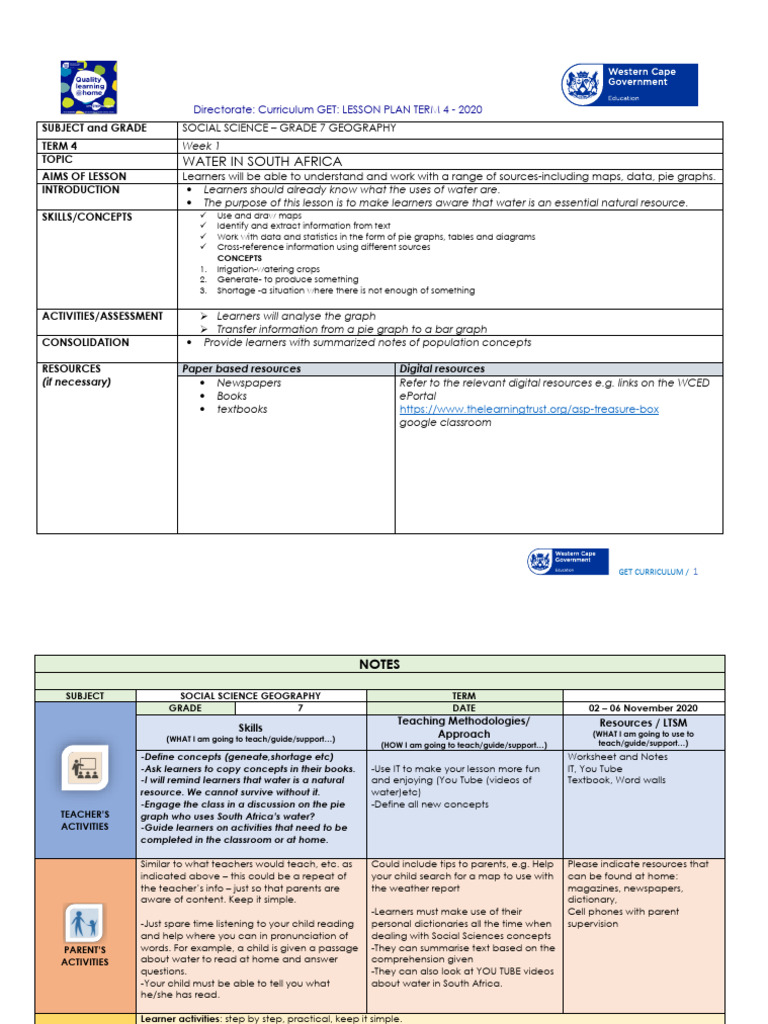 Lesson Plan Grade 7 SS Geography T4 W1 | PDF | Water | Plants