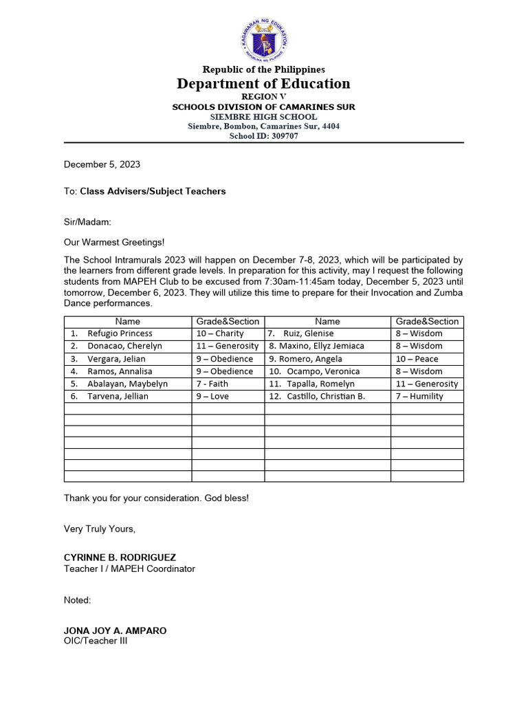 Excuse Letter For Practice-iNTRAMS Mapeh CLUB | PDF