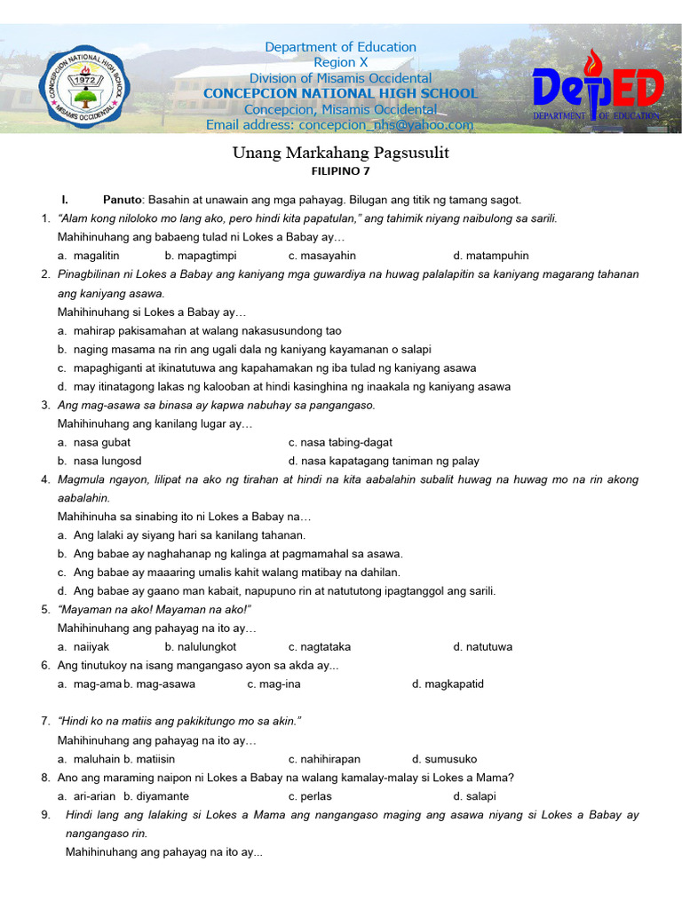 Filipino 7-Test Questionnaire | PDF