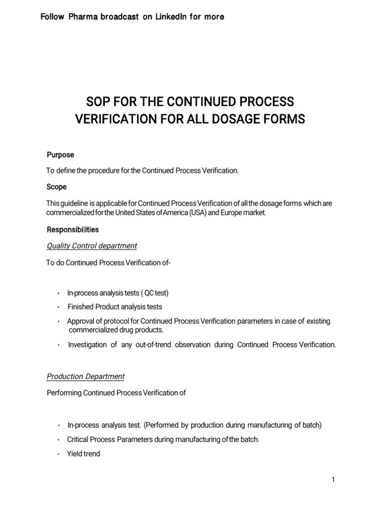 Continued Process Verification SOP | PDF | Verification And Validation ... Continued Process Verification SOP | PDF | Verification And Validation ...