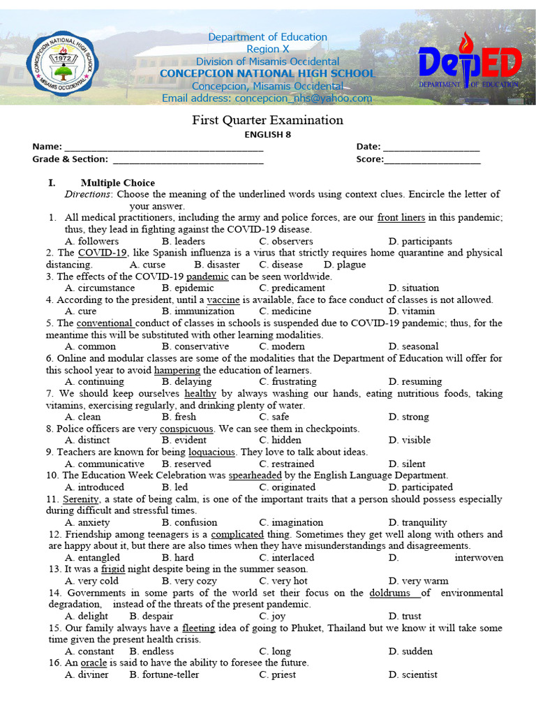 English 8-Test Questionnaire | PDF | Books | Pandemic