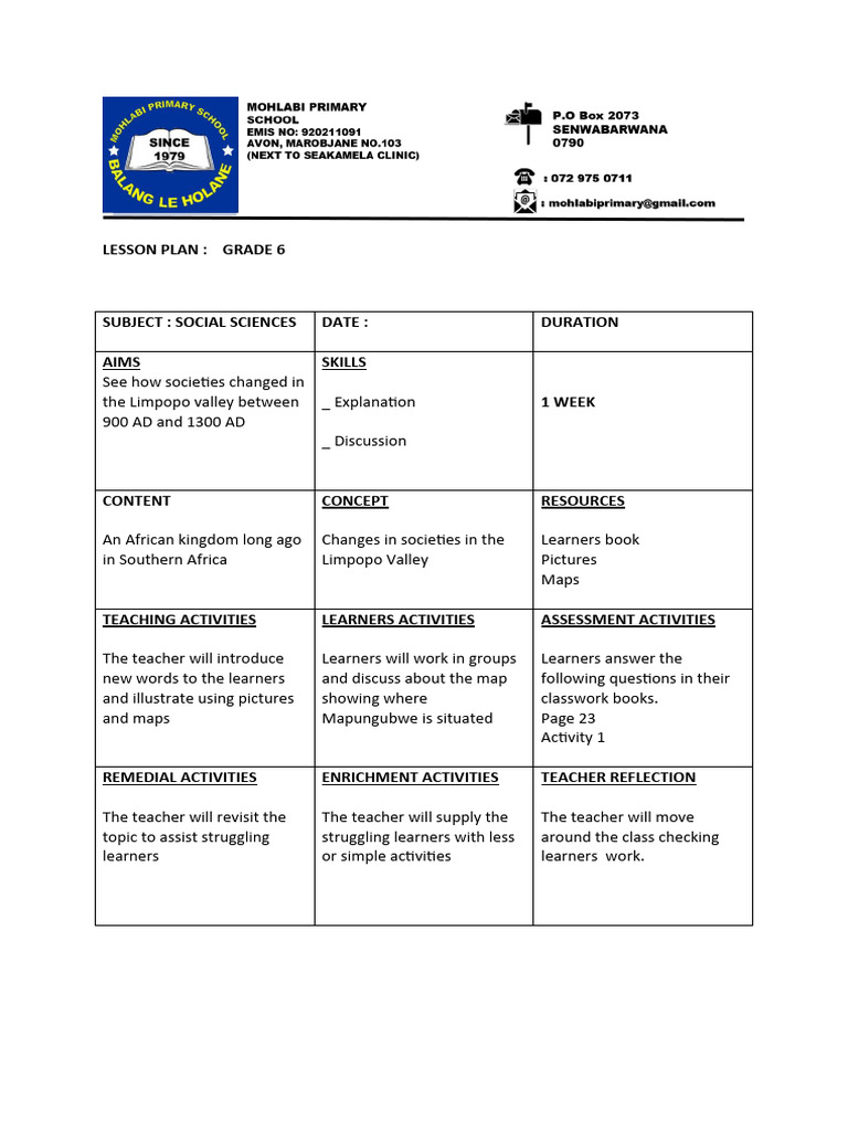 Socil Science Grade 6 Lesson Plan | PDF | Lesson Plan | Teachers