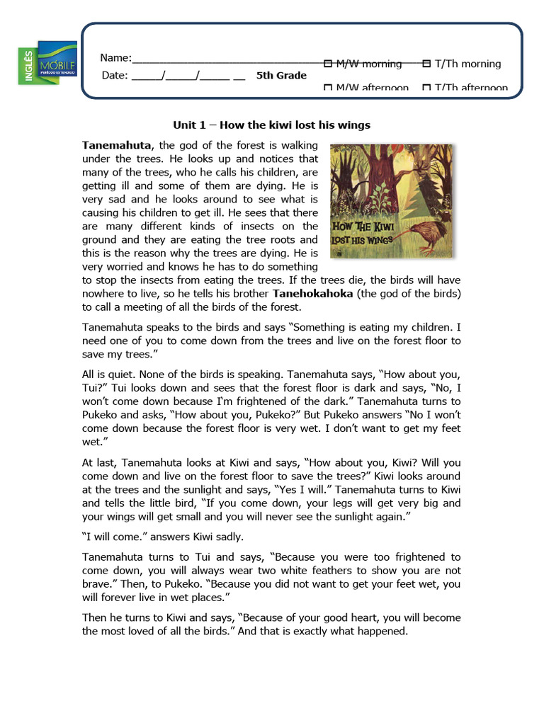Unit 1 - How The Kiwi Bird Lost His Wings (Worksheet) | PDF