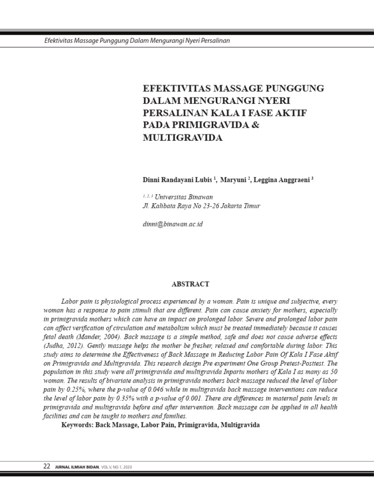 Efektivitas Massage Punggung Dalam Mengurangi Nyeri Persalinan Kala I ...
