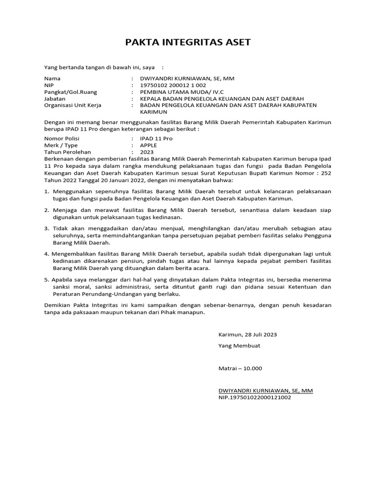 Pakta Integritas Aset 2023 | PDF