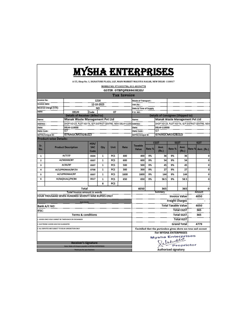 Mysha Enterprises Bill No.1216 (Manak-Cashify Store-Janak Puri) | PDF ...