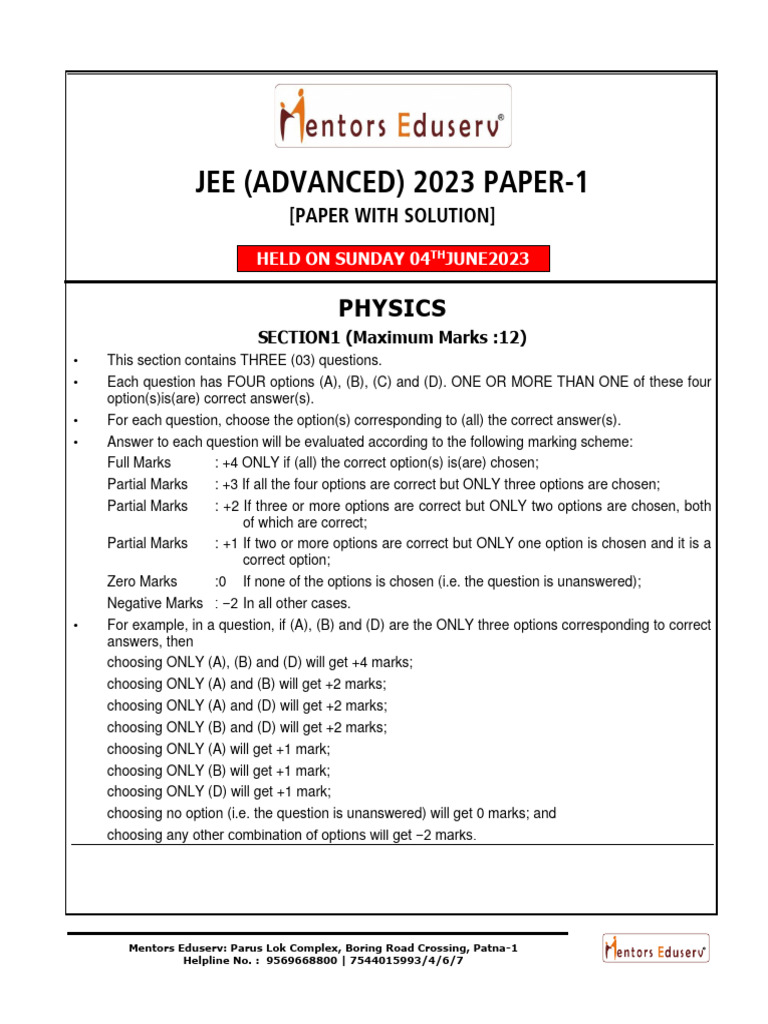 Jee (Advanced) 2023 Paper-1: Physics | PDF | Physical Quantities | Classical Mechanics