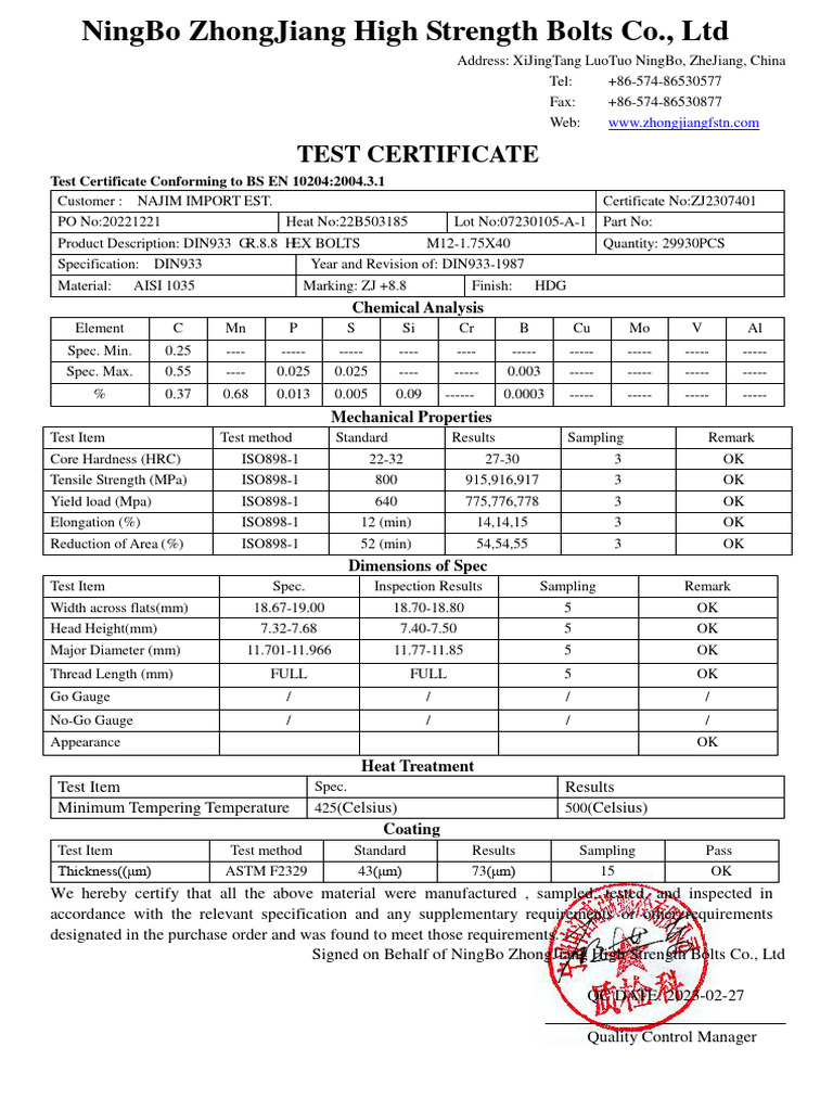 Zj23074nie Test Report | PDF | Screw | Heat Treating