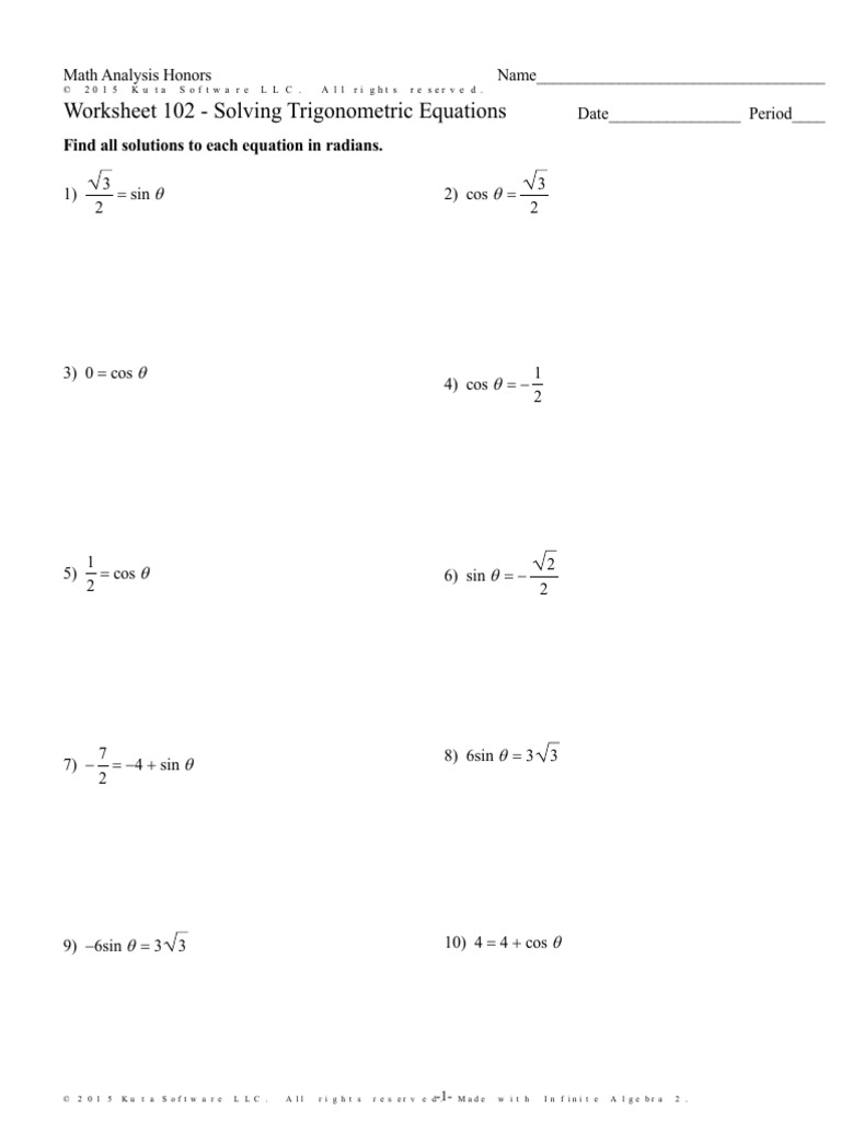 Trigonometric Equations Worksheet 102 | PDF | Equations | Euclidean Geometry