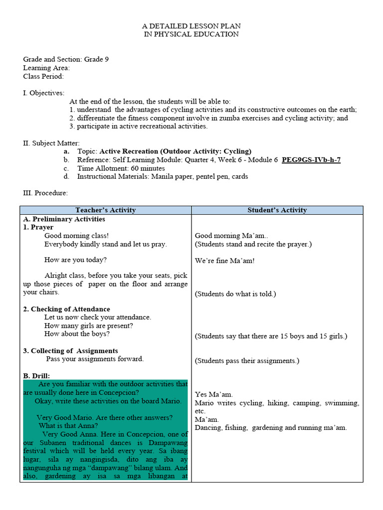 A Detailed Lesson Plan in Pe | PDF | Physical Fitness | Clinical Medicine