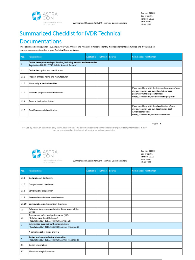 CL003VL Summarized Checklist For IVDR Technical Documentations 01.00 ...