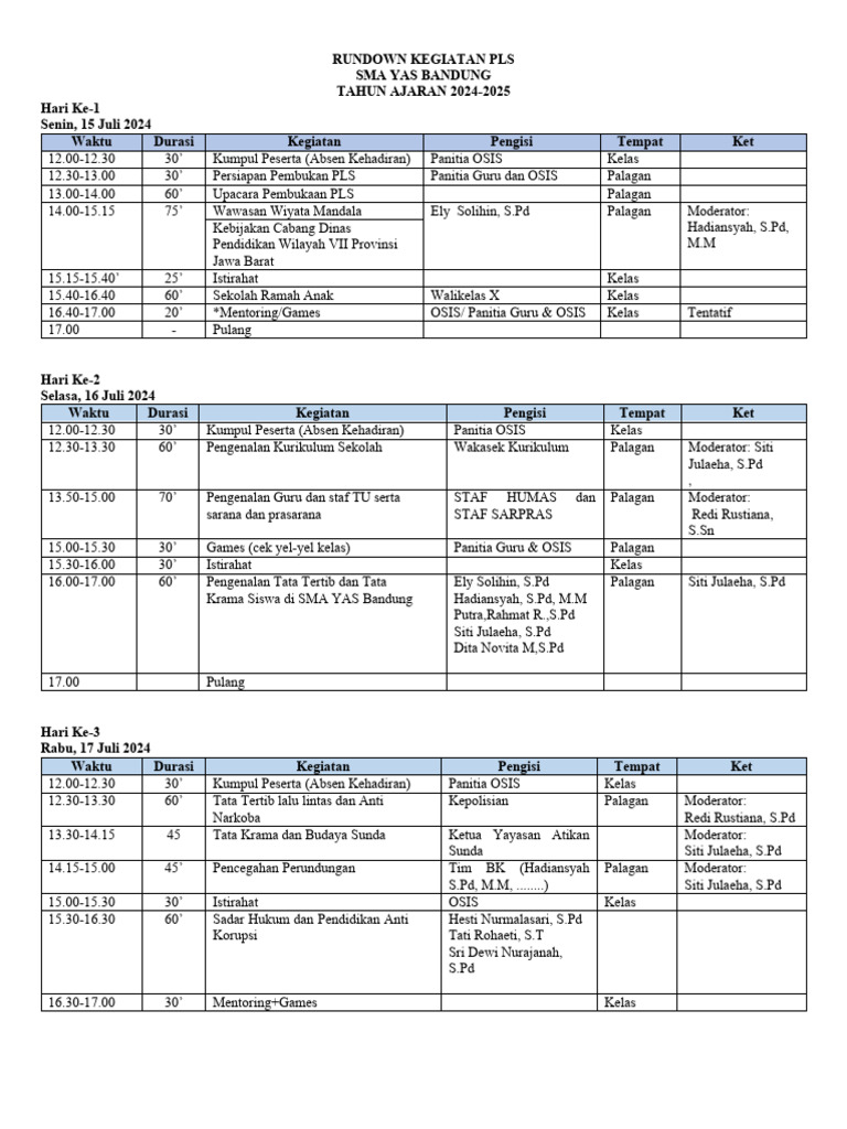 Rundown Kegiatan MPLS Sma Yas 2425 | PDF
