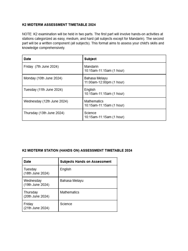K2 Midterm Assessment Timetable 2024 1 | PDF