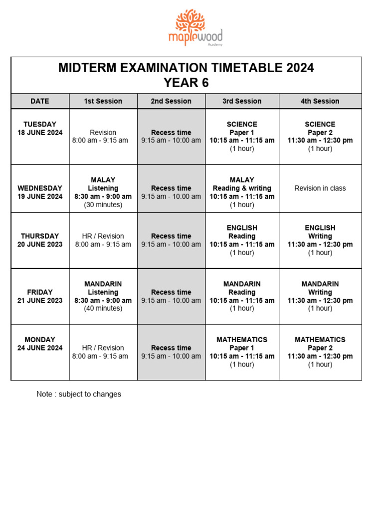 Year 6 Midterm Exam Timetable 2024 | PDF