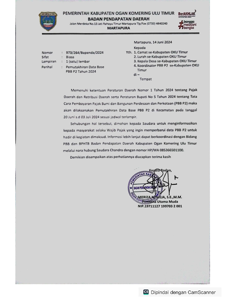 Surat Pemutakhiran Data Base PBB P2 Tahun 2024 | PDF