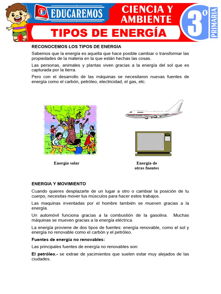 Tipos de Energia para Tercer Grado de Primaria | PDF | Energía renovable | Petróleo