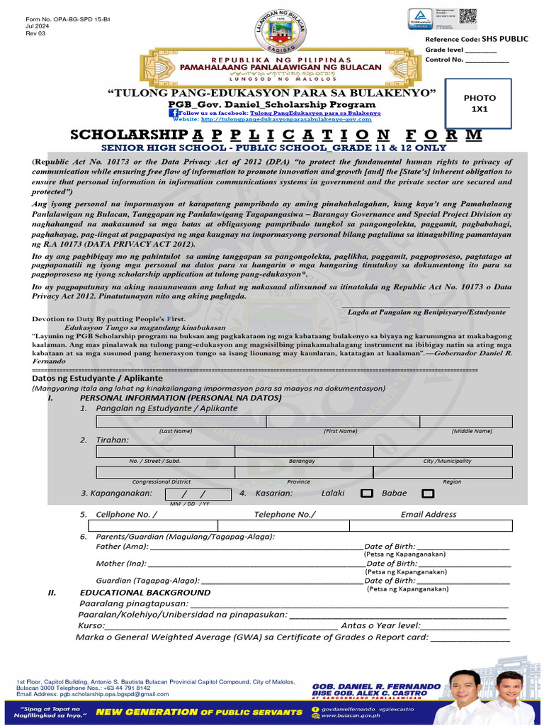 PA-BGSPD-15-B1 - Scholarship Application Form SHS Public - 2024-08 ...