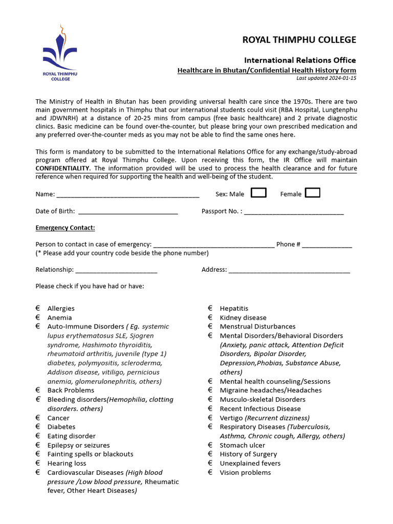 RTC - Incoming Int. Student - Health - Form | PDF | Headache | Mental ...