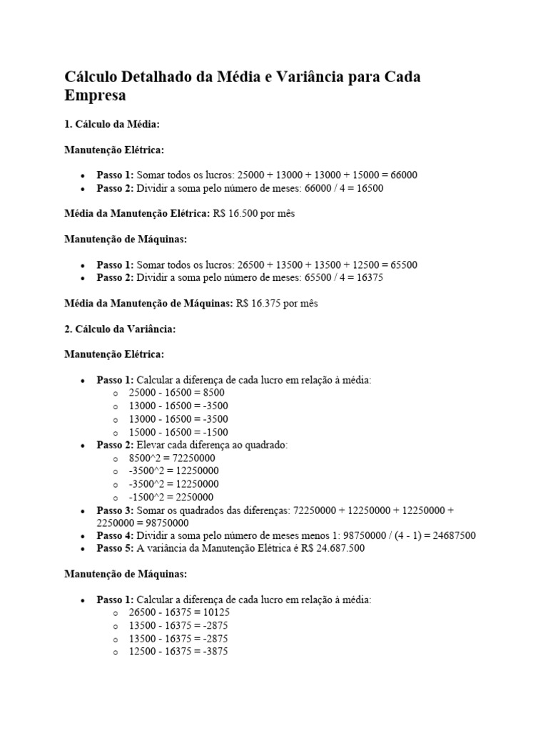 Cálculo Detalhado Da Média e Variância para Cada Empresa | PDF | Visa ...