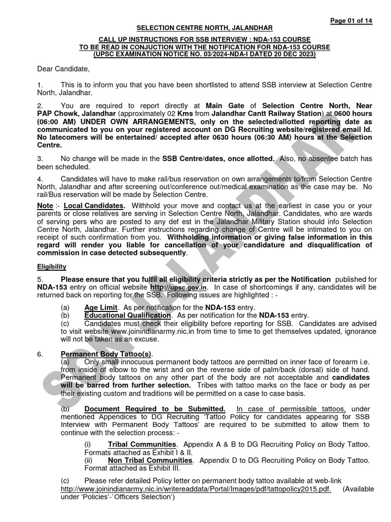 Call Up Letter Scn Jalandhar for Nda (Men) 153 Course | PDF | Identity ...