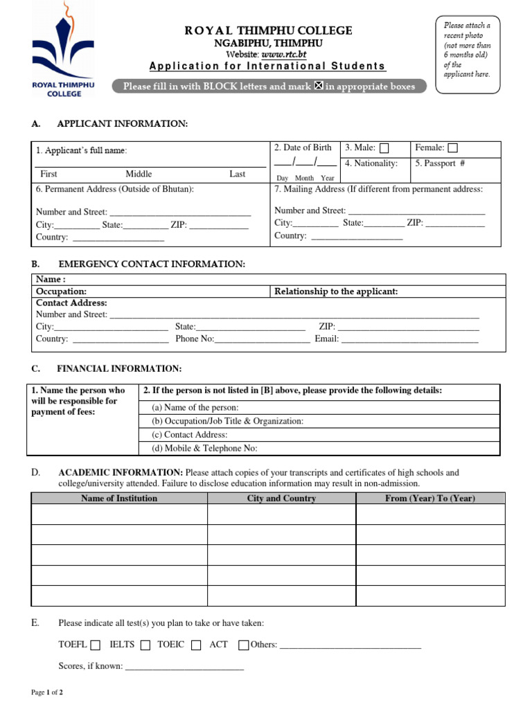 RTC Intl Admission Form | PDF