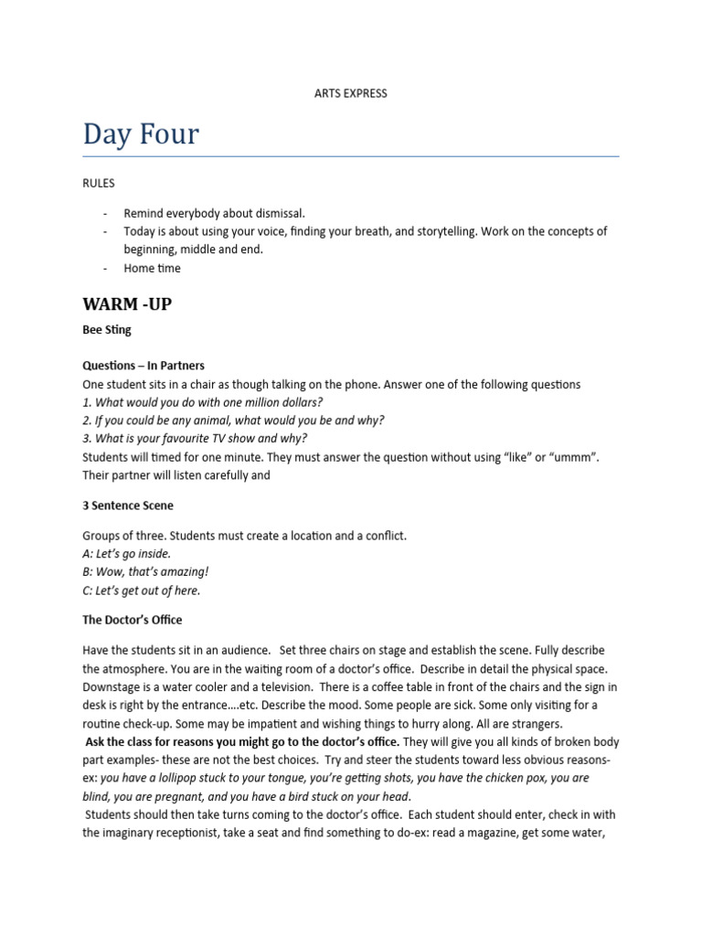 ARTS EXPRESS - Day Four Lesson Plan | PDF | Improvisational Theatre