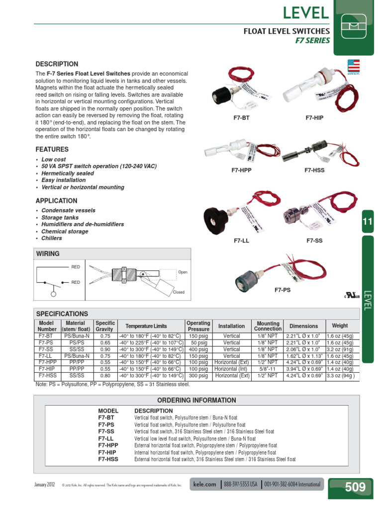 F7 Series - Float Level Switches | PDF | Manufactured Goods | Building Engineering