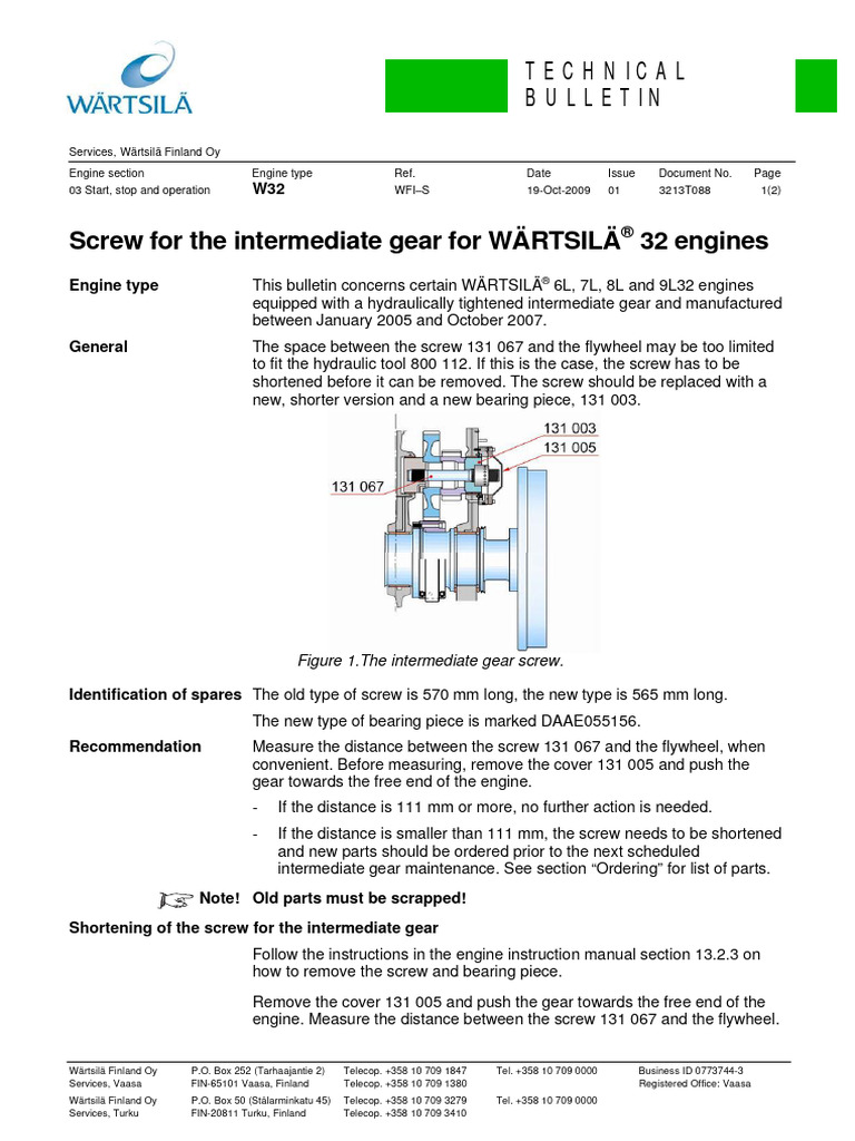 Wartsila 32 Technical Bulletin - Intermediate Gear Screw | PDF | Screw