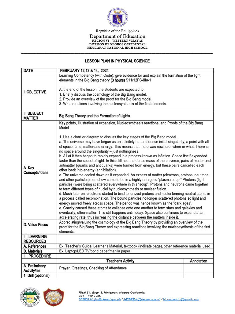 Physical Science Lesson Plan | PDF | Big Bang | Physical Cosmology