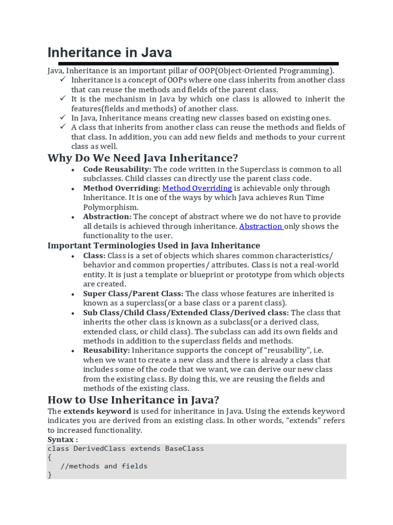 Inheritance in Java | PDF | Inheritance (Object Oriented Programming) | Class (Computer Programming)