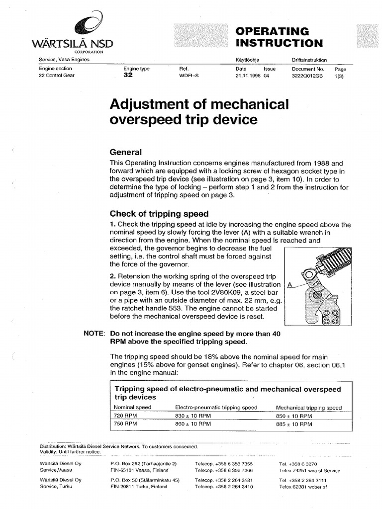 Wartsila Vasa 32 - Instructions - Adjustment of Mechanical Overspeed | PDF